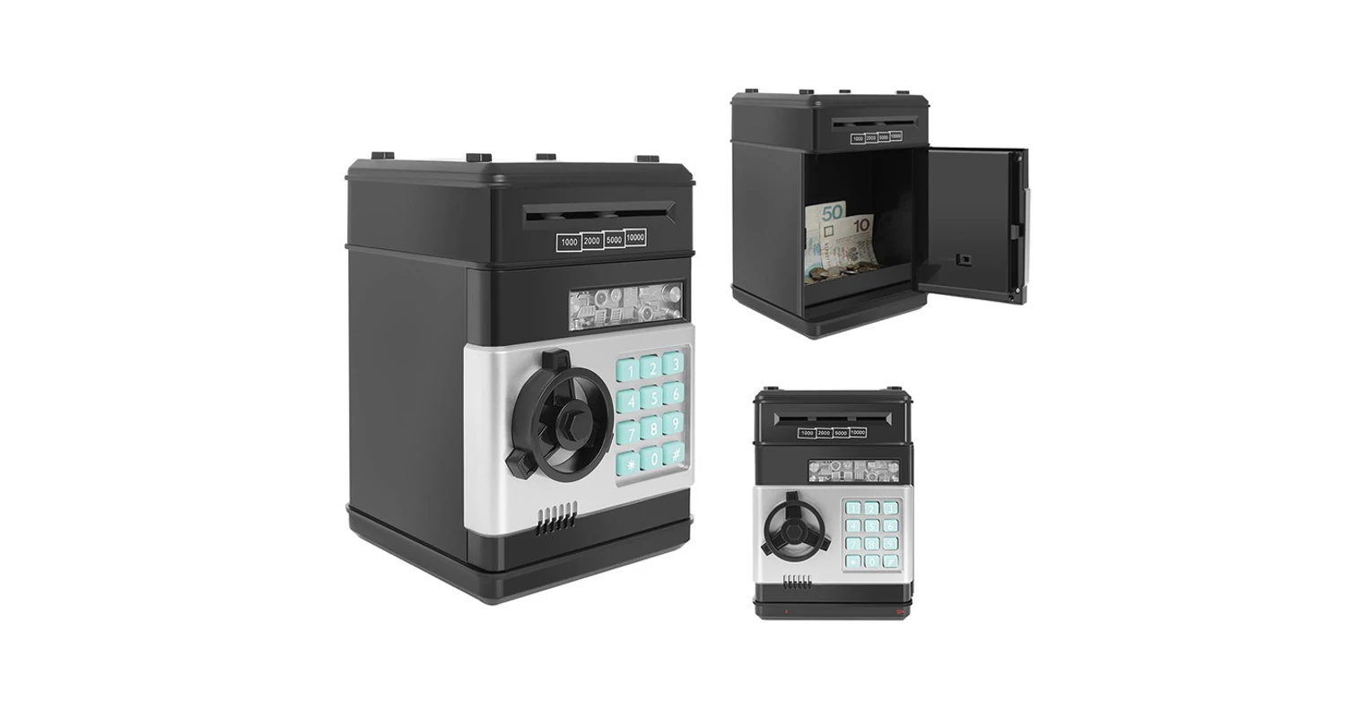 Elektromos, PIN-kódos széf alakú persely gyerekeknek, papír és aprópénz gyűjtésére, elemes ...